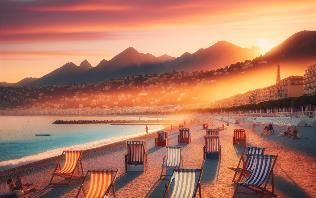 Retour des transats sur la plage de Nice avec le soleil qui pointe le ...
